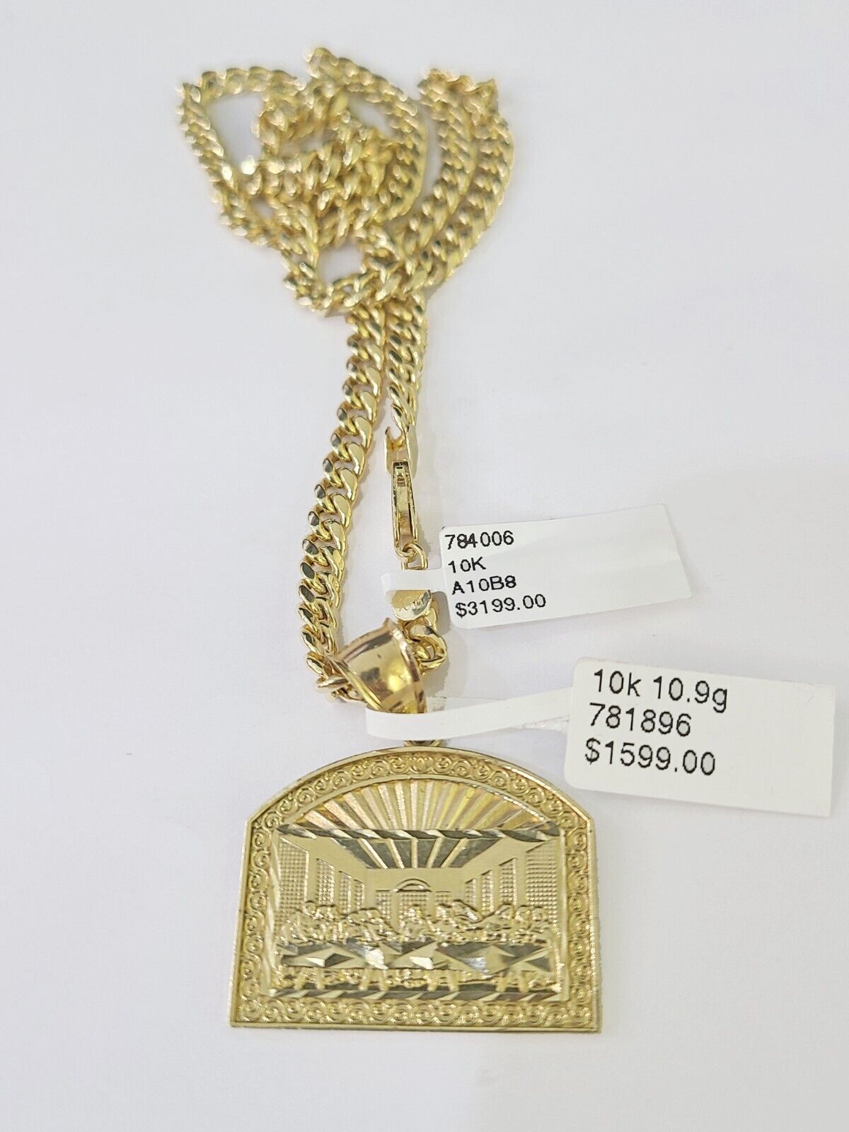 10k Yellow Gold Chain Last Supper Charm Pendant Set 5mm Miami Cuban Ne ...