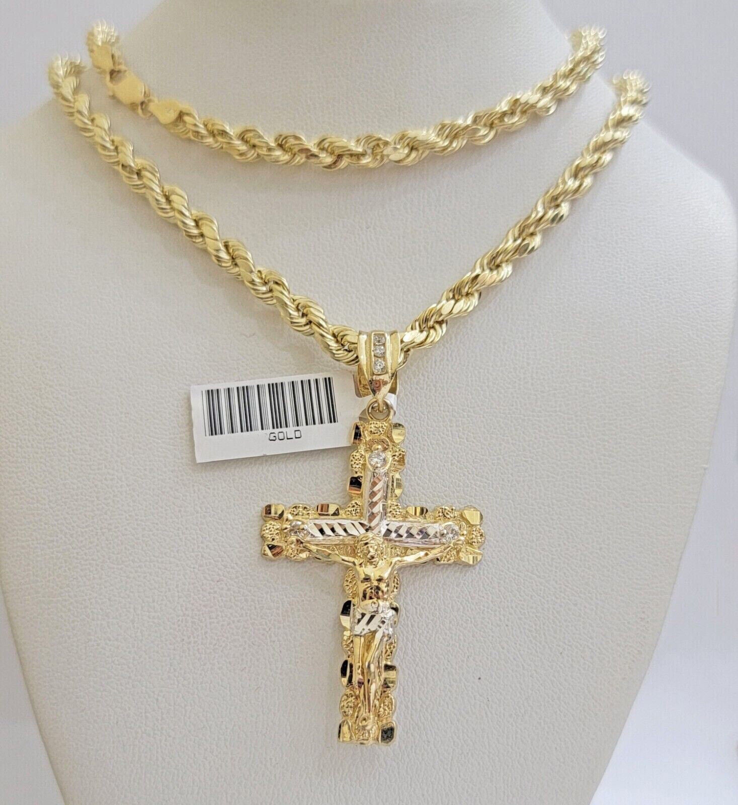 Real 10k Gold Rope Chain 22 inch Jesus Cross Charm Pendant Set 5mm Nec ...