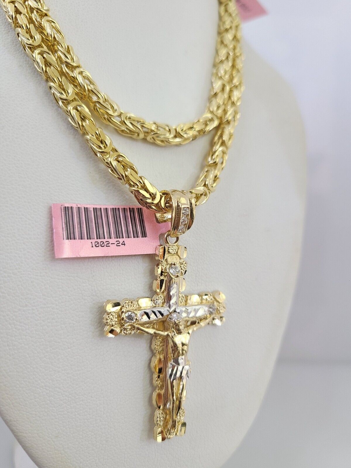14K Gold Necklace Chain Jesus Nugget Cross Turkish Byzantine 4mm 24" P ...