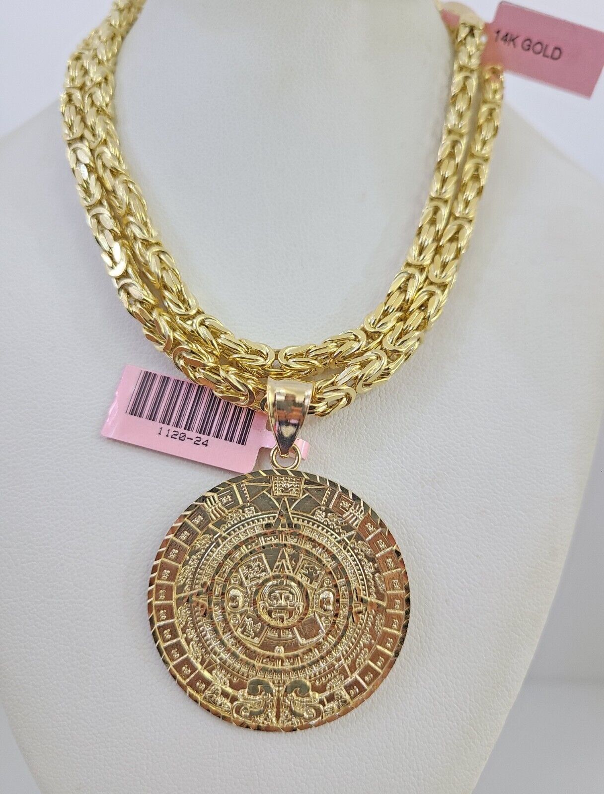 14K Gold Necklace Chain Mayan Calendar Charm Turkish Byzantine 4mm 24 ...