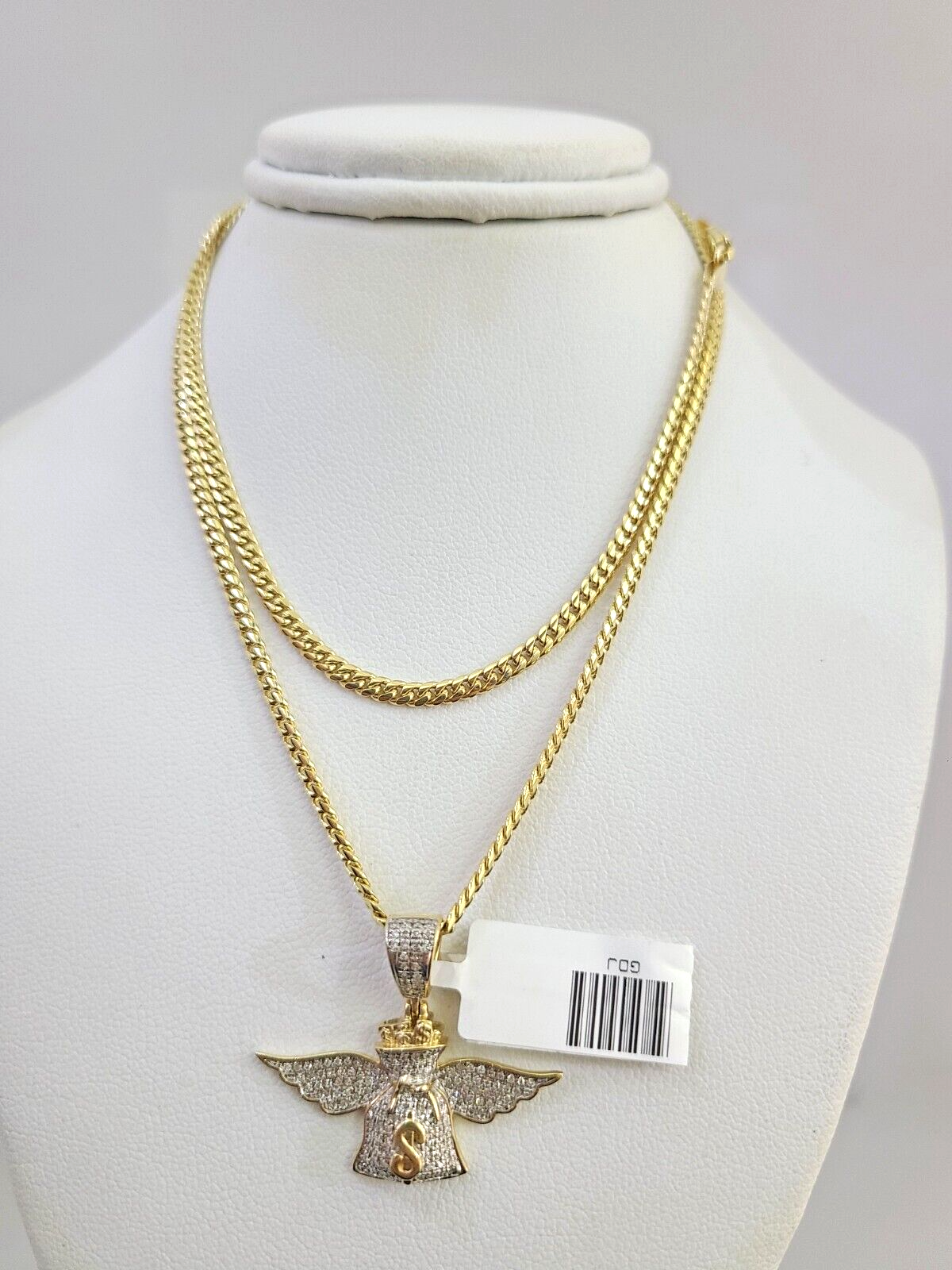 10K Solid Gold Miami Cuban Chain SET Diamond Money Bag Wing Charm 18 ...