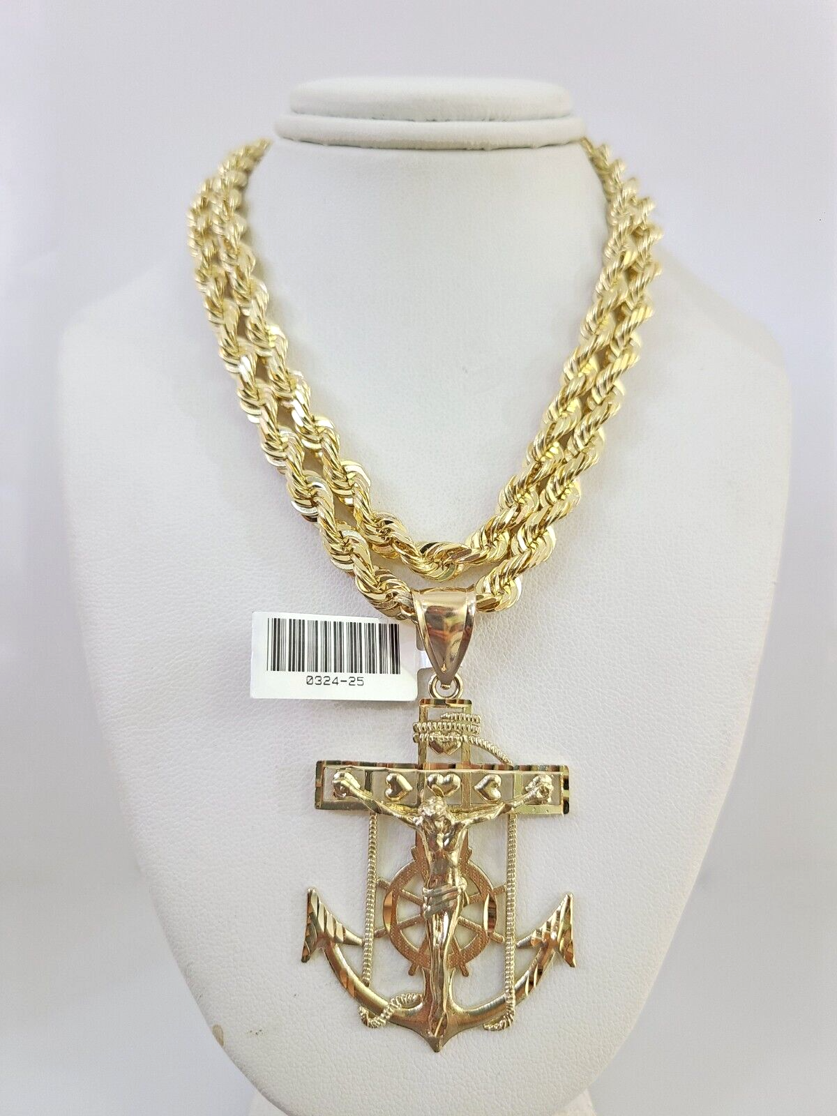 10kt Gold Solid Rope Chain Jesus Anchor Charm Set 18"-30'' Inch 6mm Pe ...