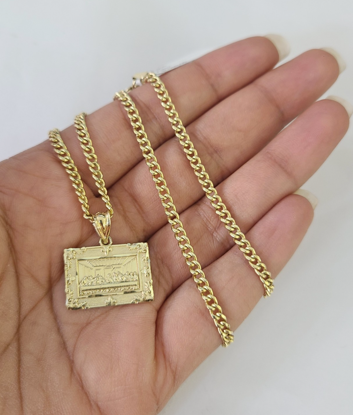 10k Gold Last Supper Charm Miami Cuban Chain 3mm 18"-28" Necklace Pend ...