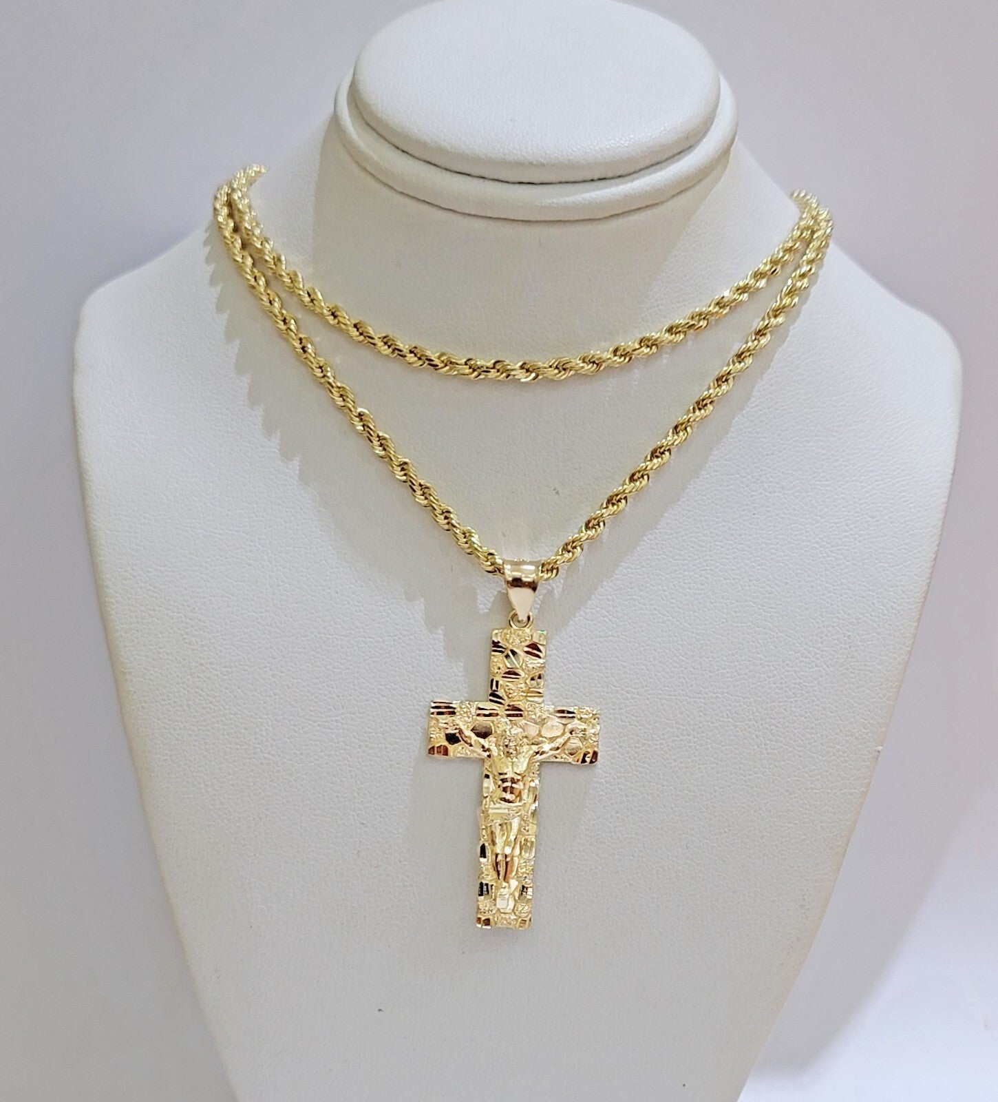 10k Yellow Gold Rope Chain Nugget Cross Charm Set 24" 3mm necklace pen ...