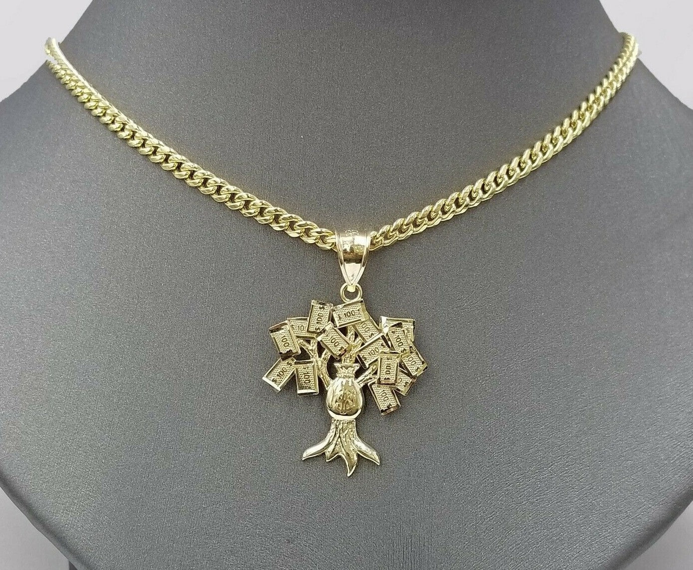 REAL 10k Gold Chain Pendant Set Miami Cuban chain 3mm& Money Tree Char ...