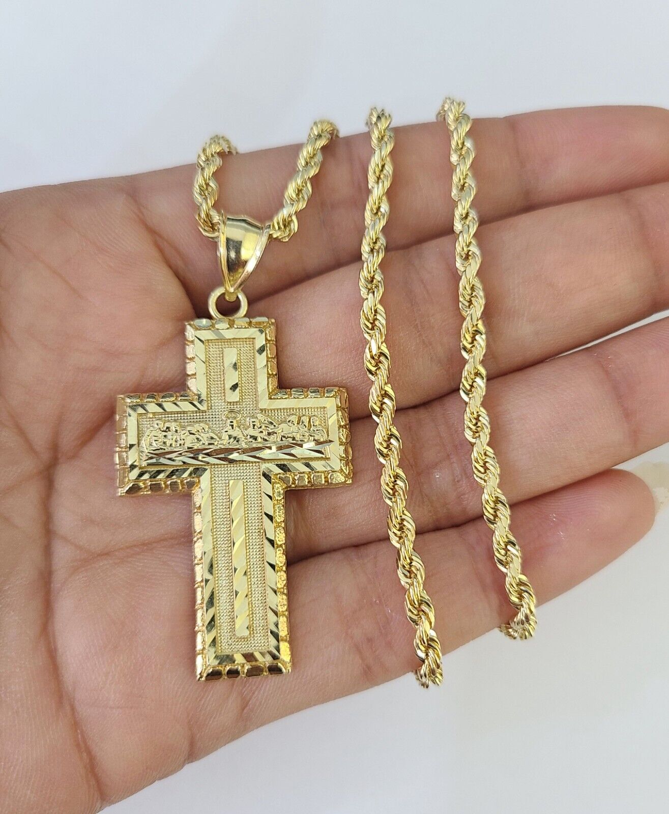 10k 3mm Rope Chain Last Supper Cross Pendant 18"-30" Gold Set Charm Ne ...