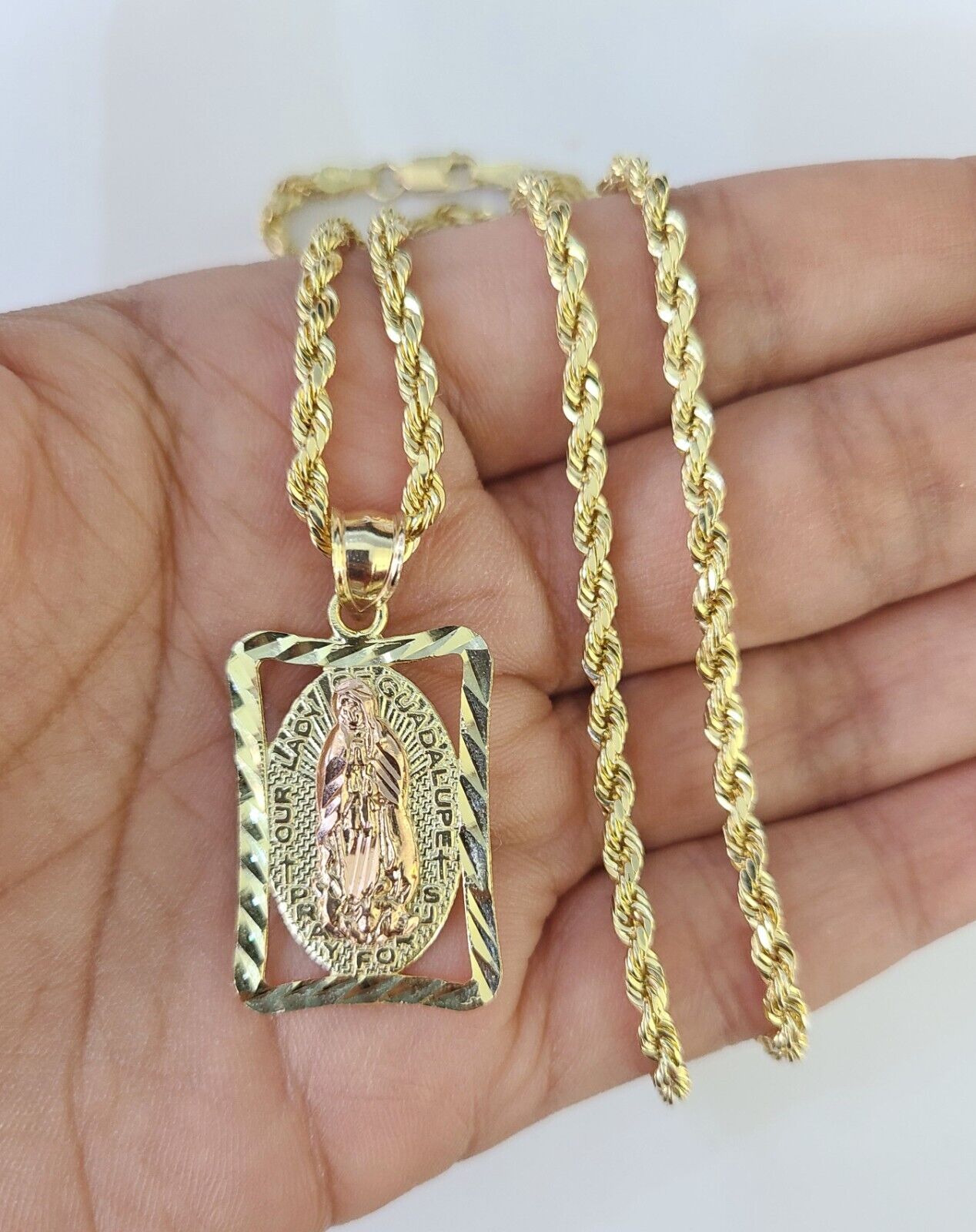 10k 3mm Rope Chain Virgin Mary Pendant 18"-30" Yellow Gold Set Charm N ...