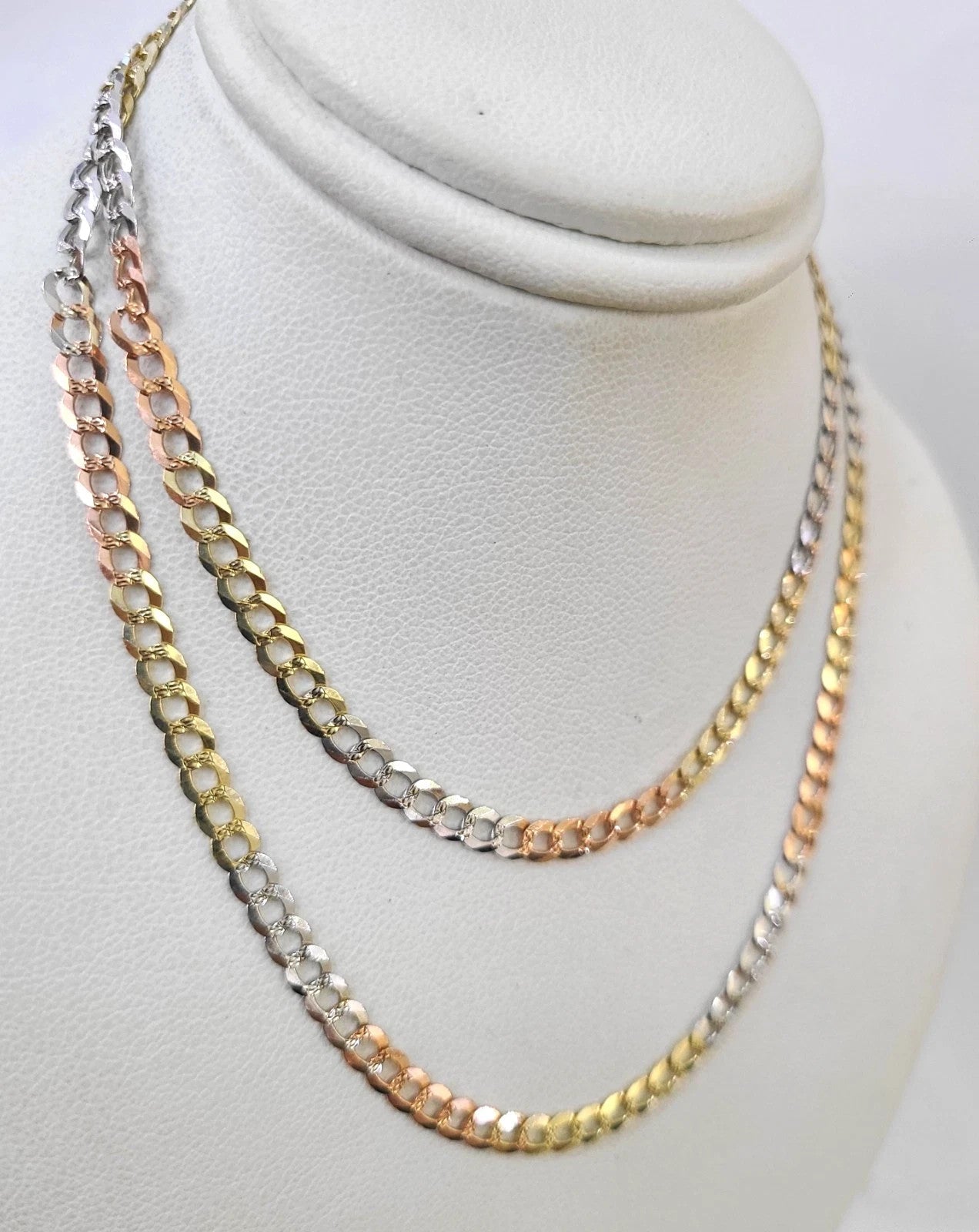 Real Solid 4mm 14k Gold Chain Necklace Tri Color Cuban Curb Link 18-28 ...