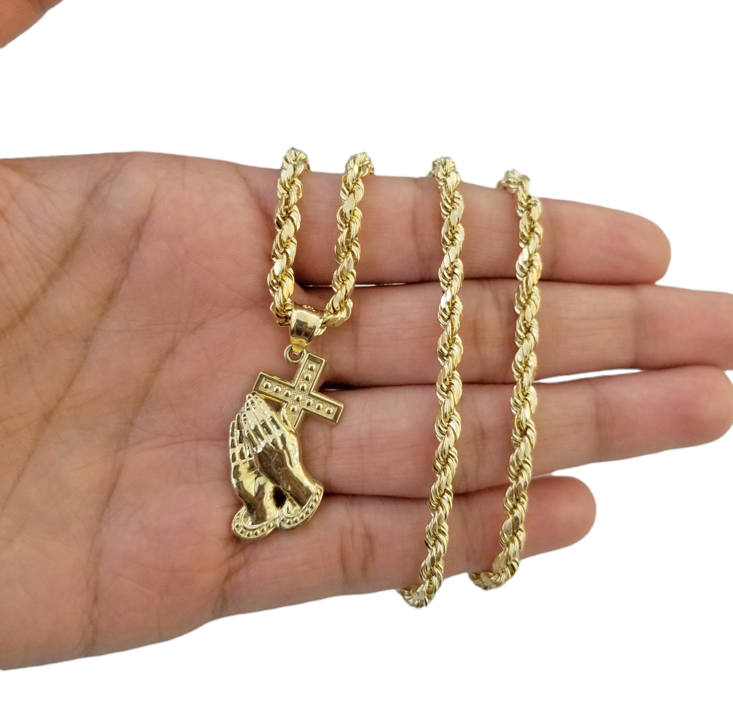 10k Yellow Gold Praying Hand Cross Pendent 4mm Rope Chain 18 20 22 24 – GDJ