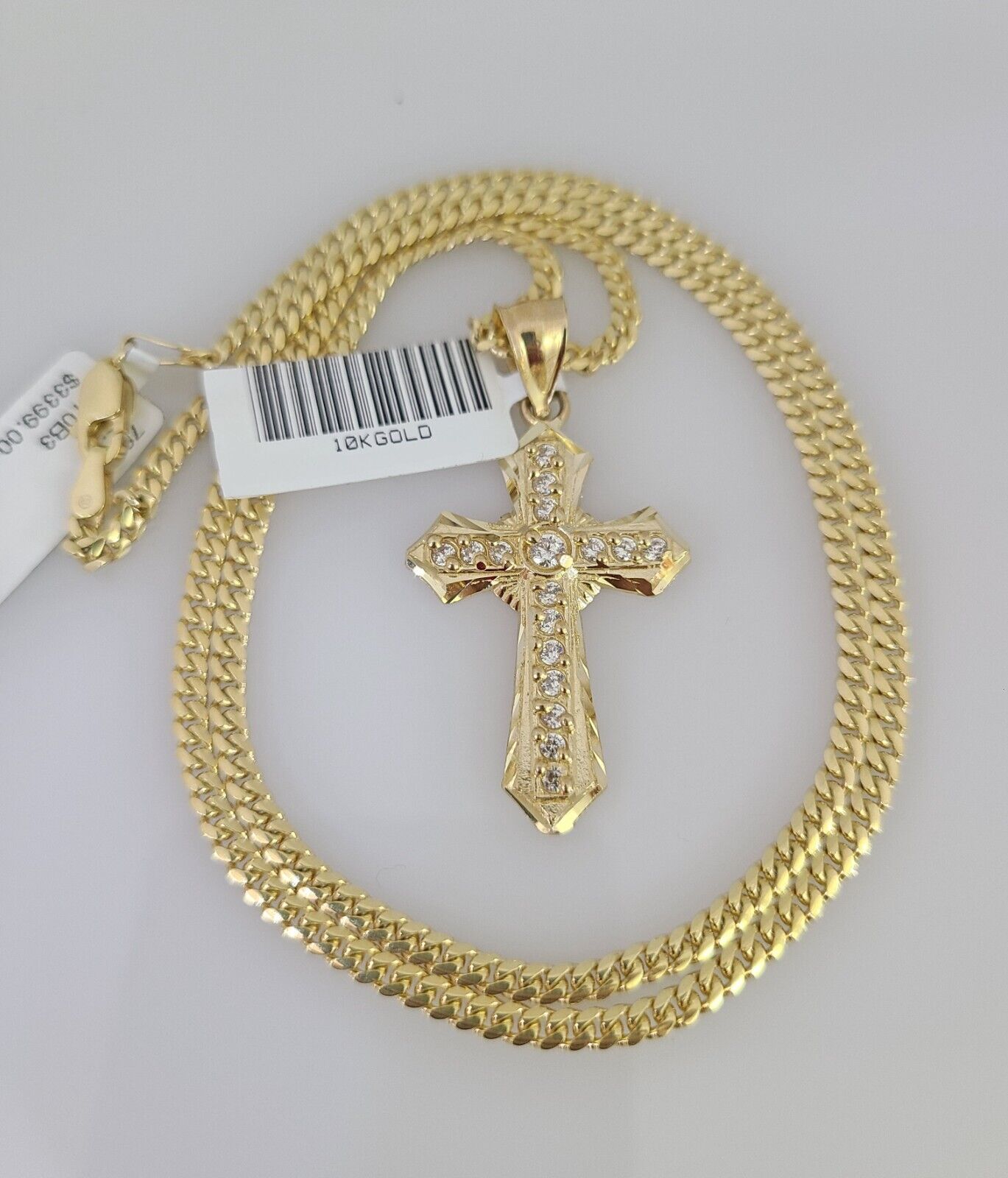 10K Solid Gold Miami Cuban Chain Jesus Cross Pendant Charm SET 18"-24 ...