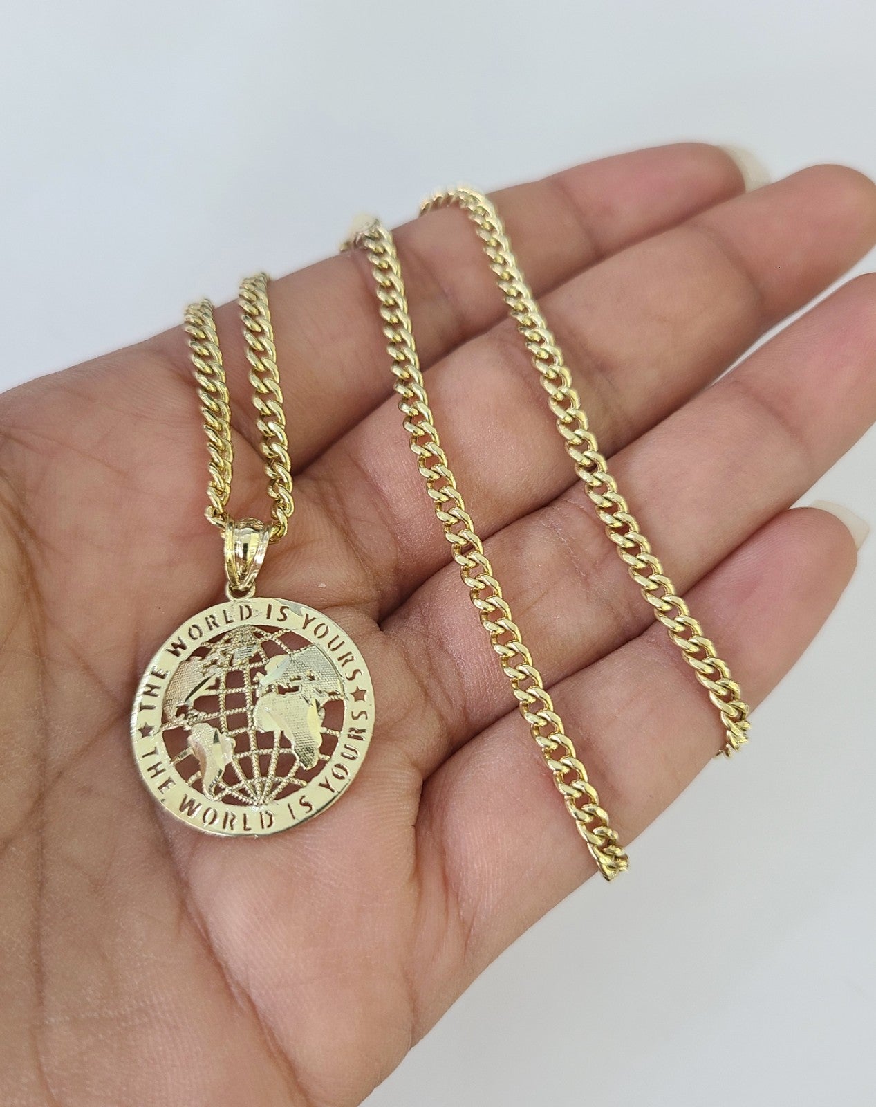 10k Gold World is Yours Charm Miami Cuban Chain 3mm 18"-28" Necklace P ...