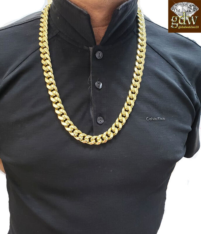 REAL 10k Yellow Gold Miami Cuban Chain Necklace 15mm 24" Inch Box Lock ...