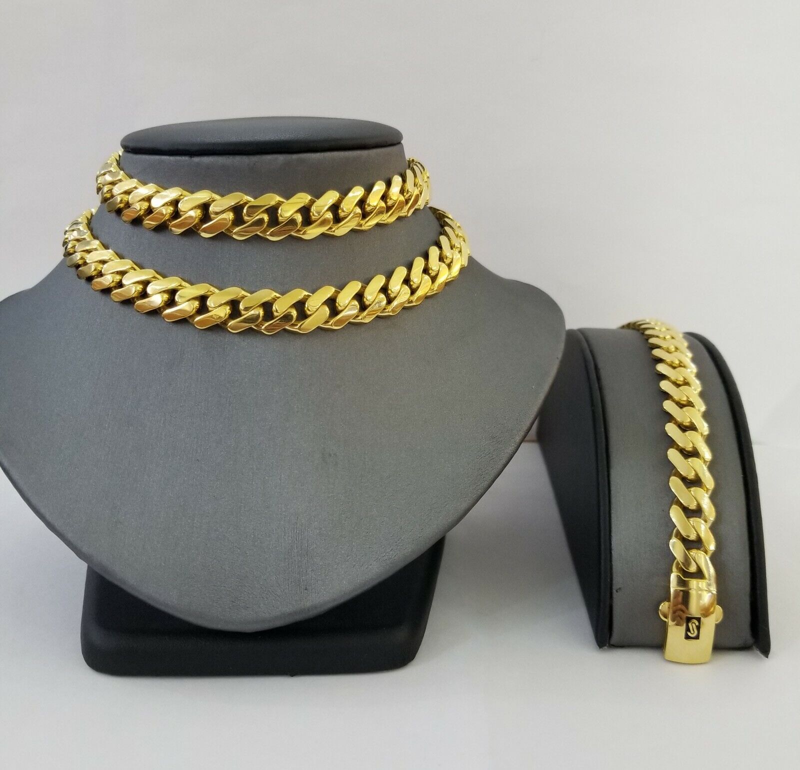 10k Gold Cuban Link Royal 11mm Monaco chain and Bracelet 10kt Real gol ...