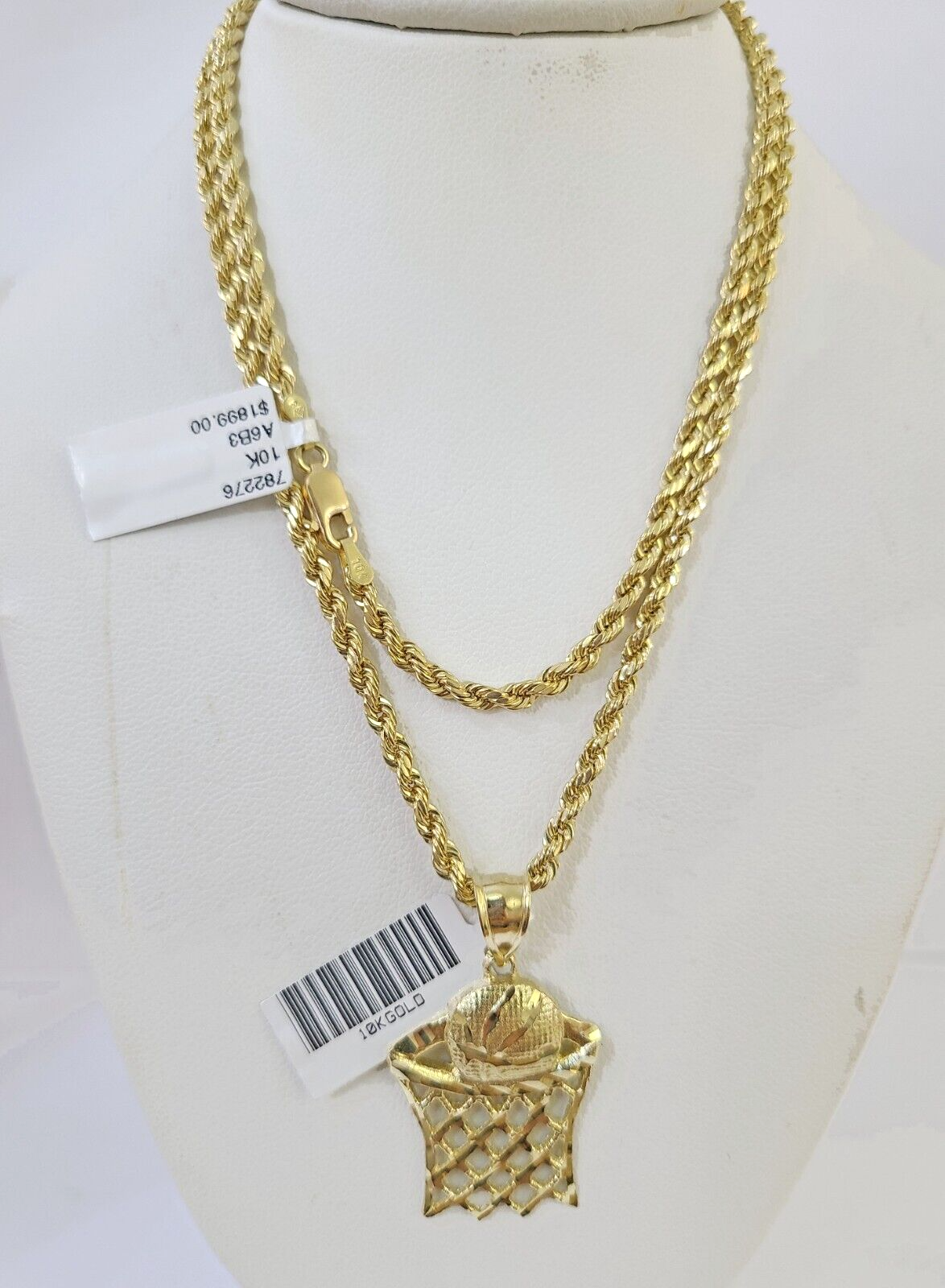 10k Gold Basketball Goal Pendant Rope Chain 3mm 22'' Necklace Set Yell ...
